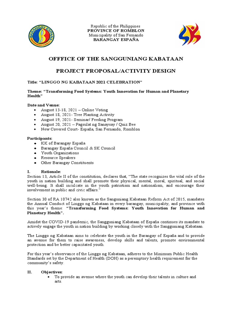Offfice of The Sangguniang Kabataan Project Proposal/Activity Design | PDF