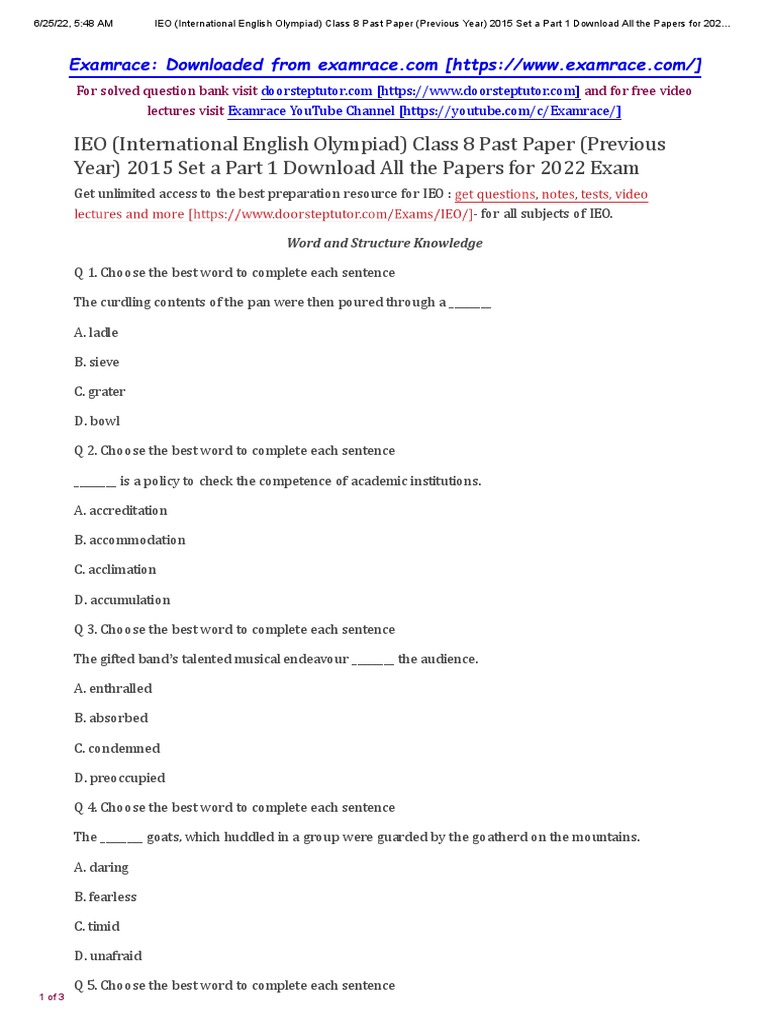 IEO Class 8 Paper 2015 Set A Part 1 | PDF