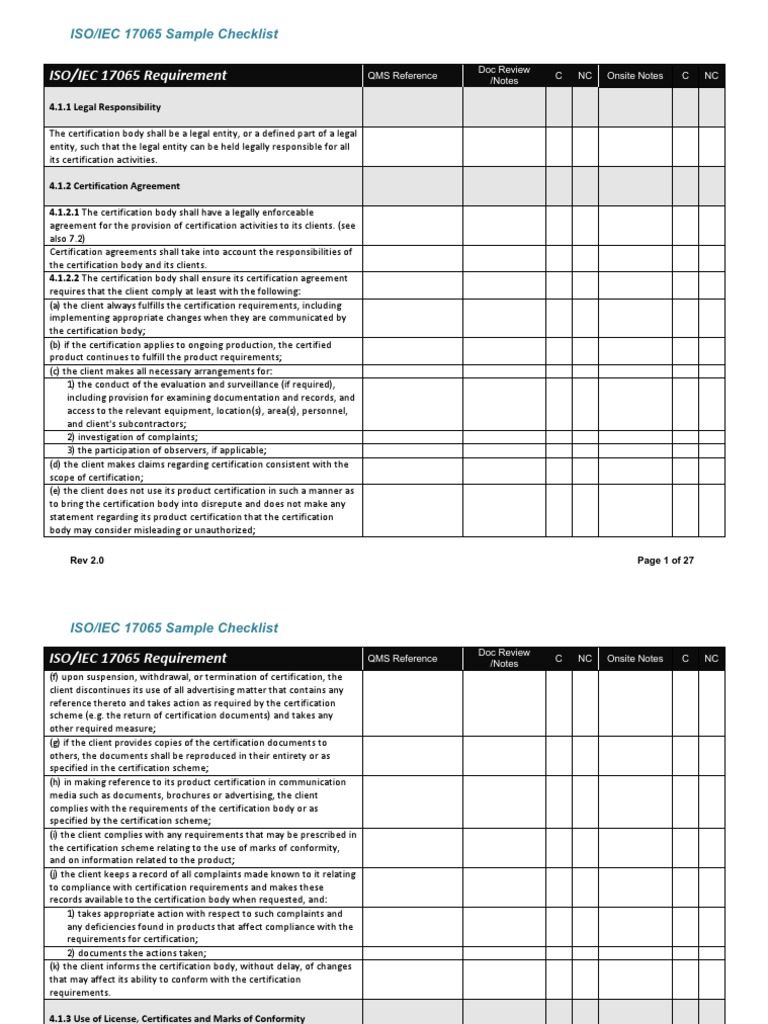 ISO/IEC 17065 Compliance Checklist | PDF | Certification | Professional ...