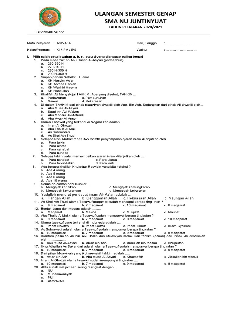 Soal Semester Genap Aswaja 2020-2021 | PDF