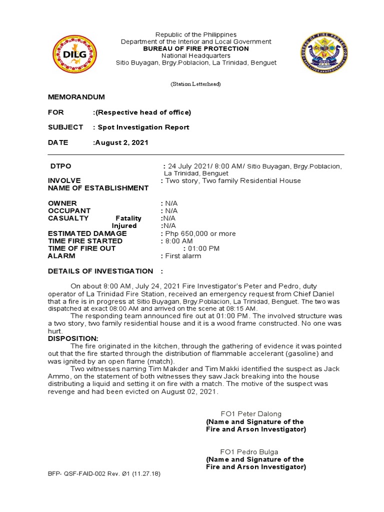 (Station Letterhead) : Bureau of Fire Protection | PDF | Hazards | Fires