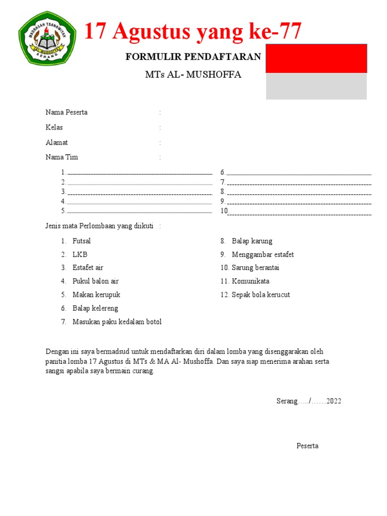 FORMULIR PENDAFTARAN 17 Agustus 2022 | PDF