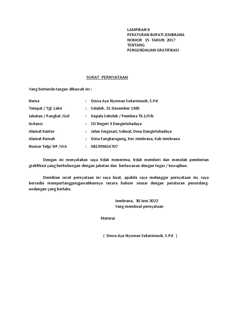 Surat Pernyataan Pengendalian Gratifikasi | PDF