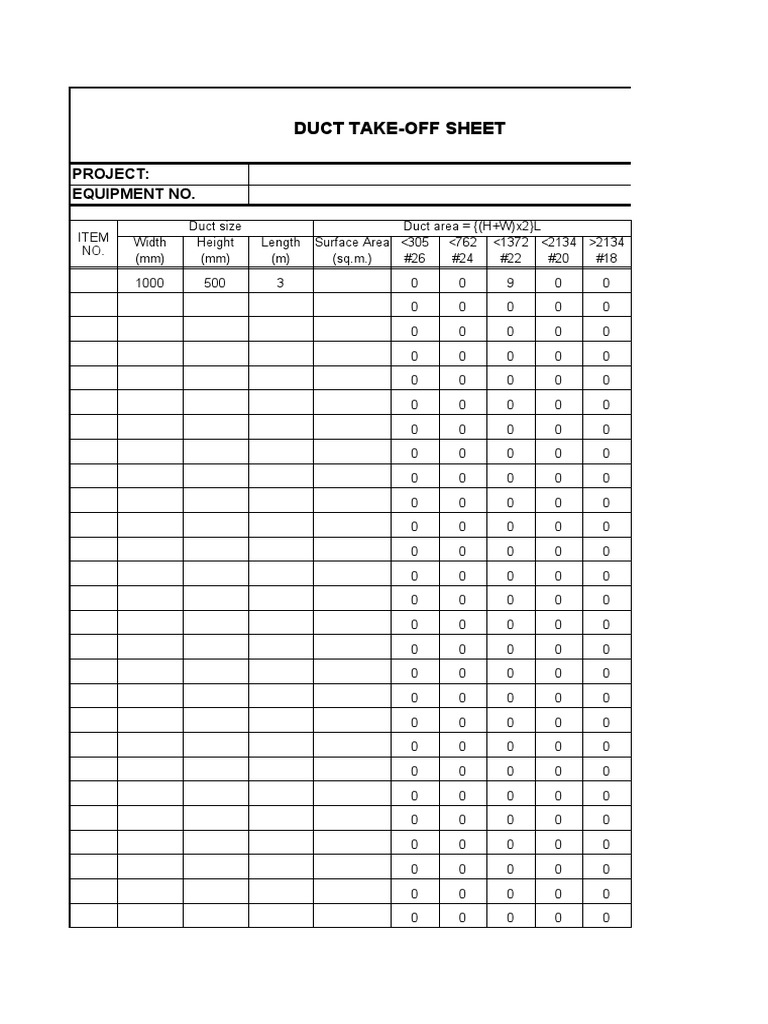 Duct Take-Off Sheet: Project: Equipment No | PDF | Duct (Flow) | Building Engineering