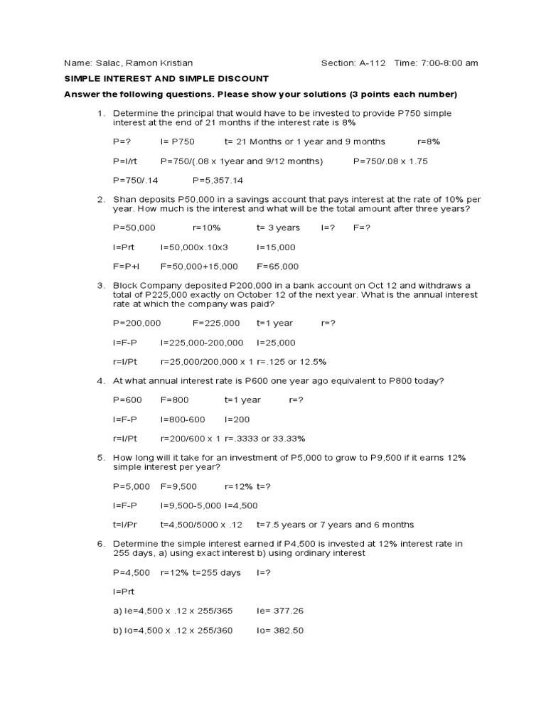 Simple Interest and Simple Discount Answer The Following Questions ...