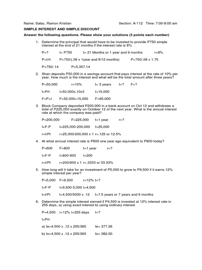 Simple Interest and Simple Discount Answer The Following Questions ...