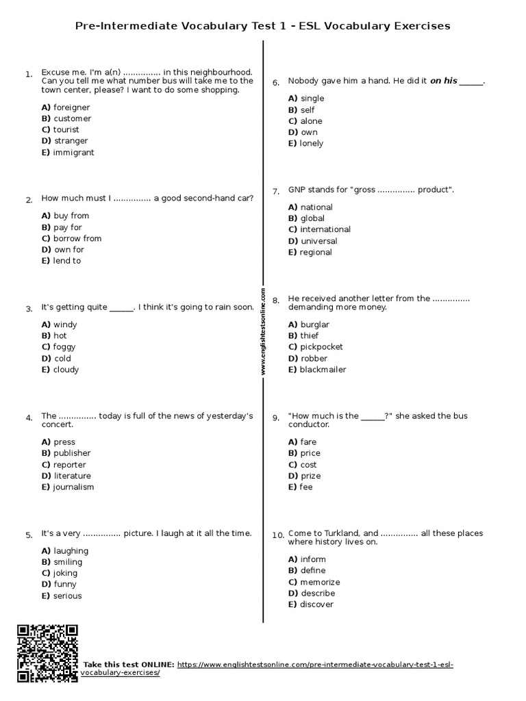 Pre-Intermediate Vocabulary Test 1 - ESL Vocabulary Exercises | PDF