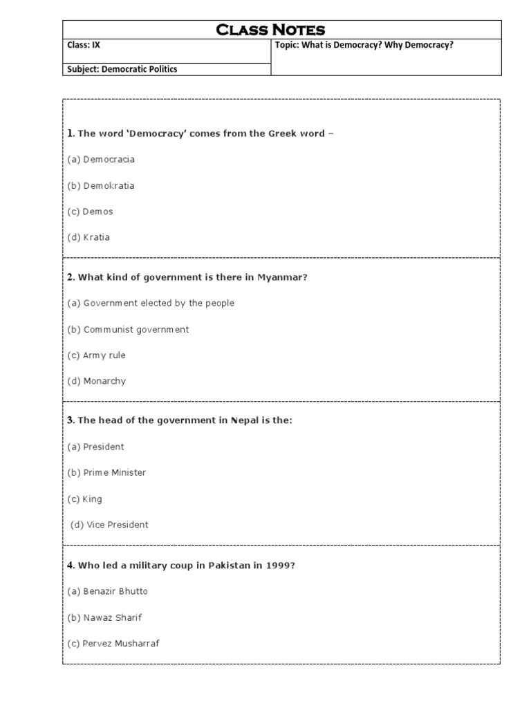 Class Notes: Class: IX Topic: What Is Democracy? Why Democracy? Subject ...
