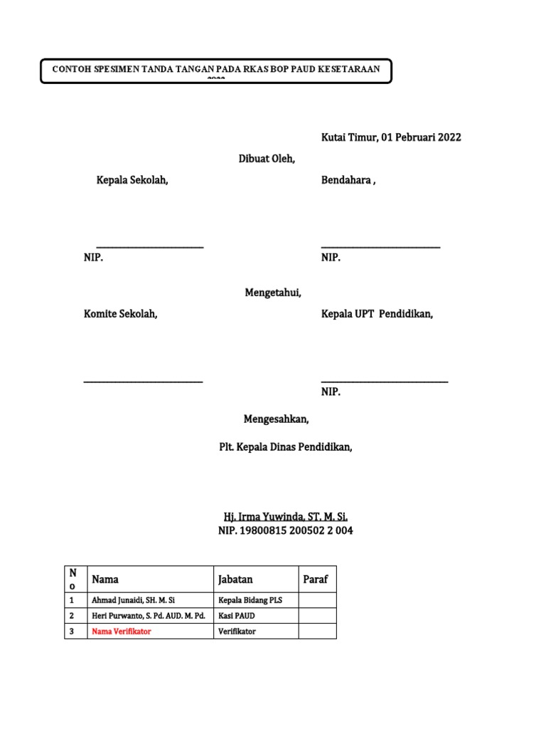 Contoh Spesimen TTD Rkas Bop Paud Kesetaraan 2022 | PDF