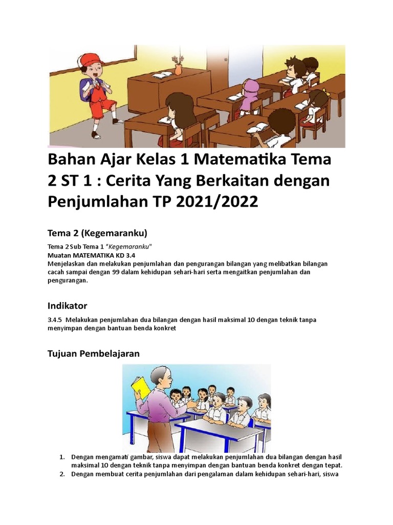 Bahan Ajar Kelas 1 Matematika Tema 2 ST 1 - Cerita Yang Berkaitan Dengan Penjumlahan TP 2021 ...