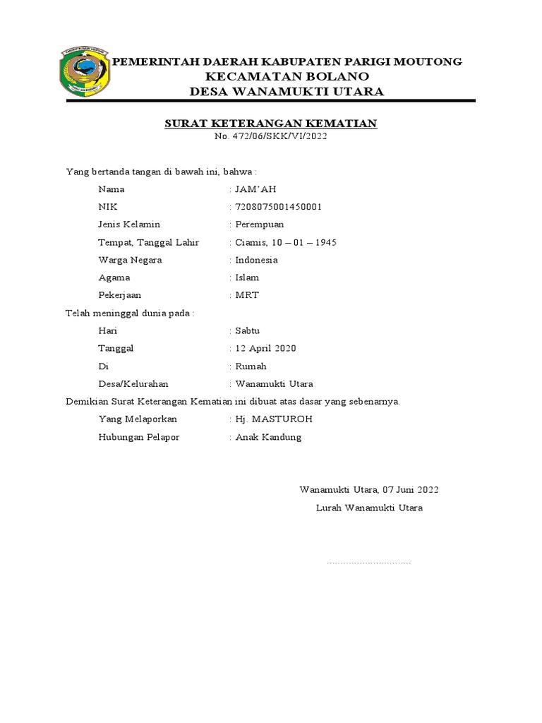 Surat Keterangan Kematian Wanamukti Utara | PDF