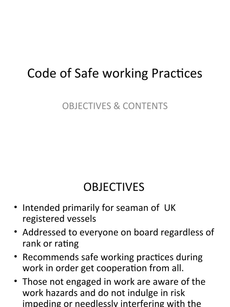 Code of Safe Working Practices: Objectives & Contents | PDF | Rope | Safety