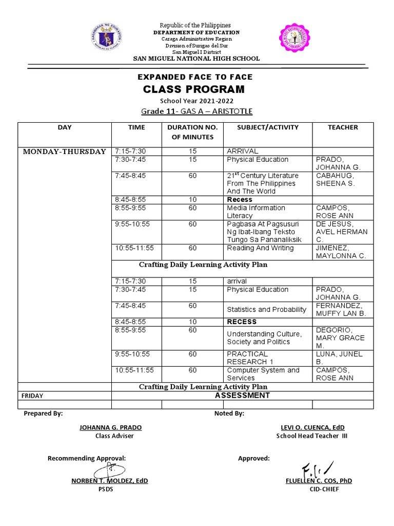 Class Program: Grade 11-Gas A - Aristotle | PDF