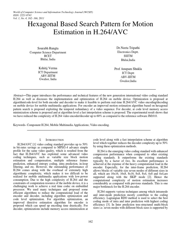Hexagonal Based Search Pattern For Motion Estimation In H 264avc Pdf H 264 Mpeg 4 Avc Data