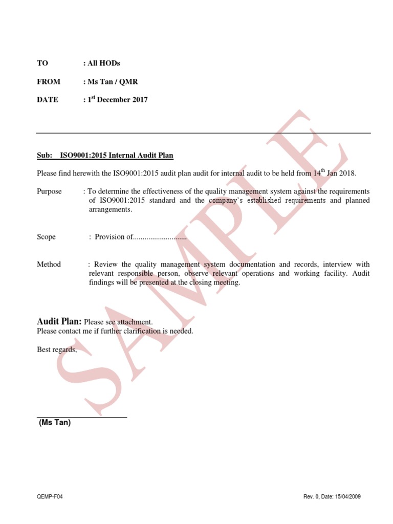 QMS Audit Plan Sample | PDF | Iso 9000 | Audit