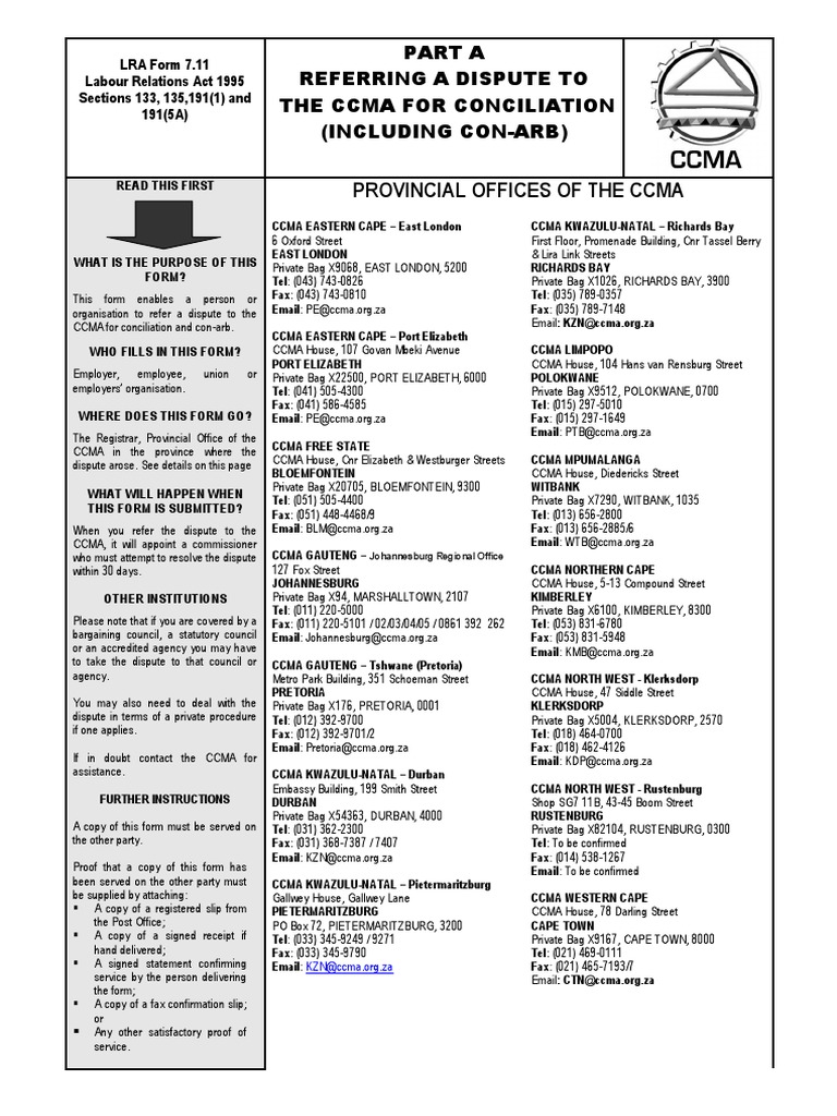 LRA Form 7.11 Referring A Dispute To CCMA For Conciliation | PDF ...
