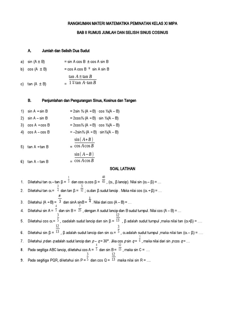Rangkuman Materi Matematika Peminatan Kelas Xi Mipa | PDF