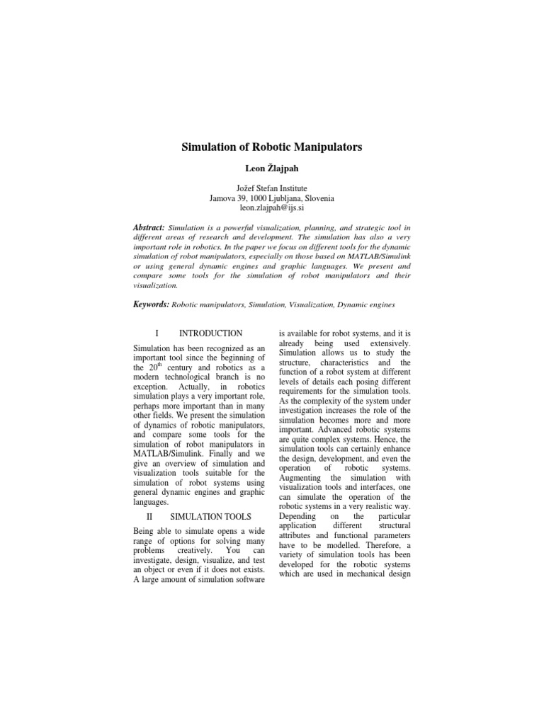 Simulation Of Robotic Manipulators Pdf Simulation Matlab