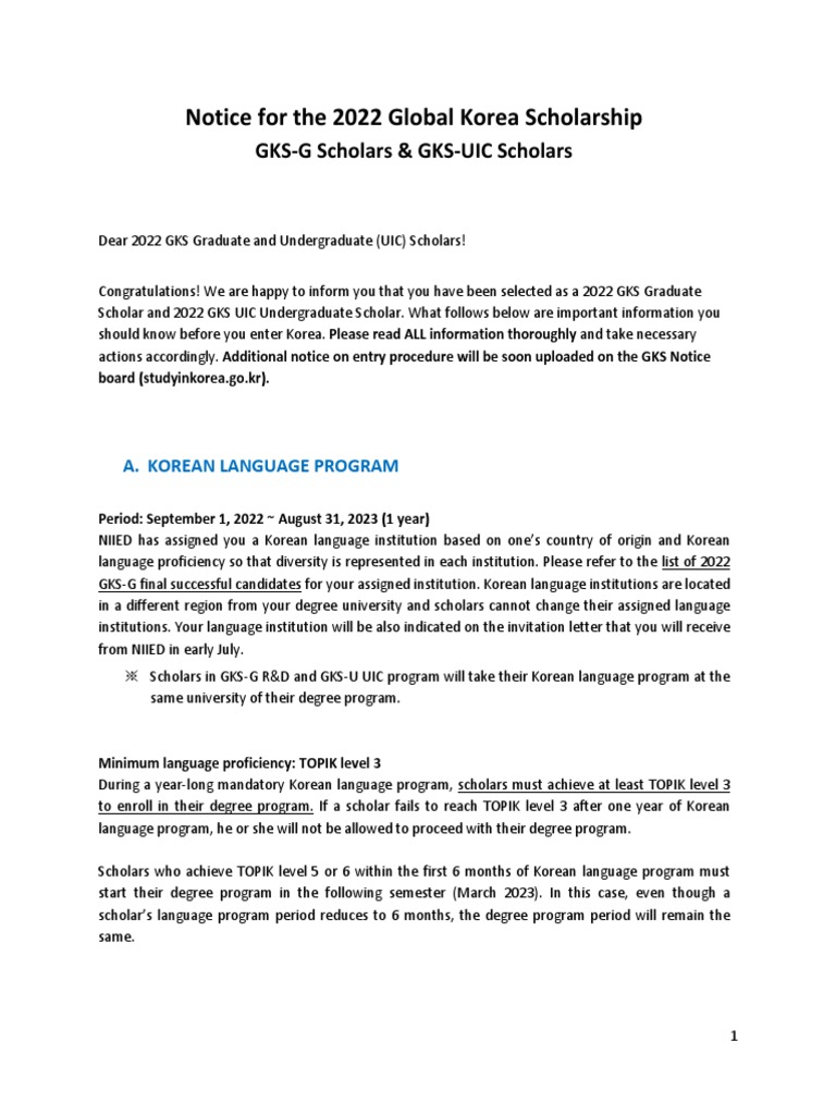 Important Notice For 2022 GKS-G and GKS-UIC Scholars | PDF | Travel Visa | Academic Degree