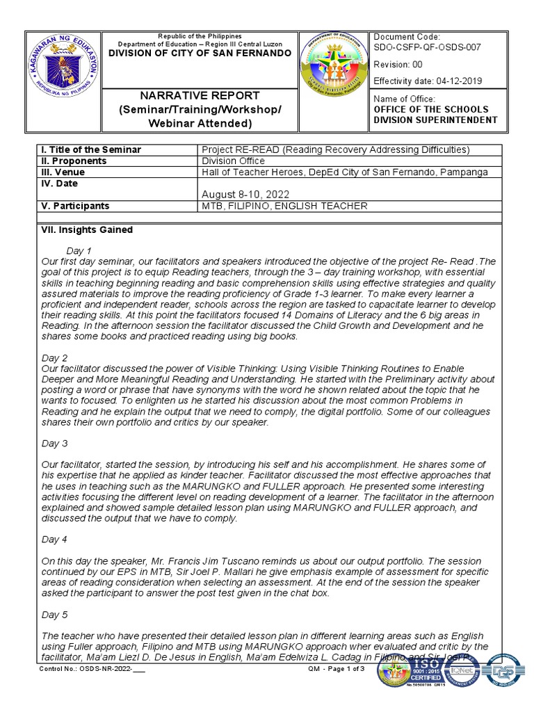 Narrative Report (Seminar/Training/Workshop/ Webinar Attended) | PDF ...