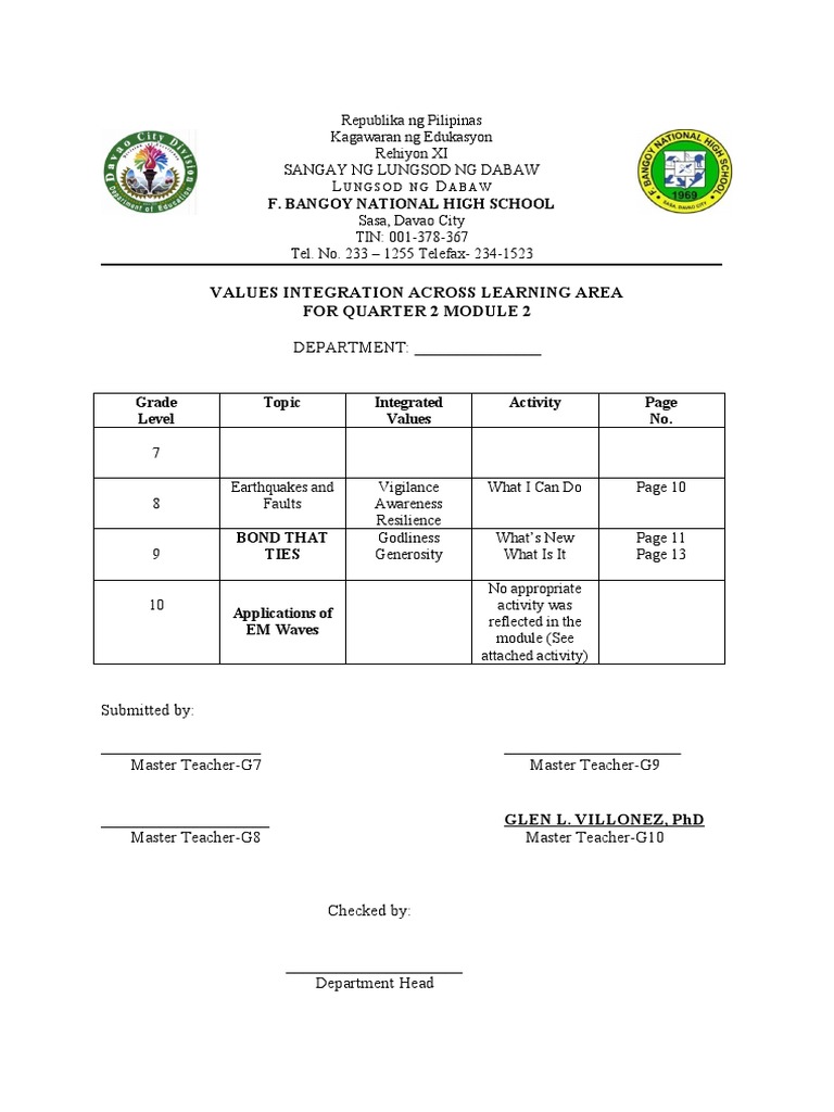 Values Integration Module for Grade 10 | PDF
