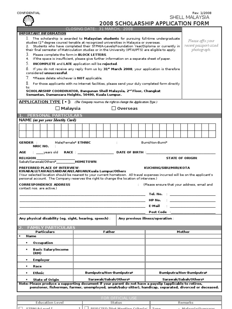 2008 Scholarship Application Form: Shell Malaysia | Download Free PDF ...