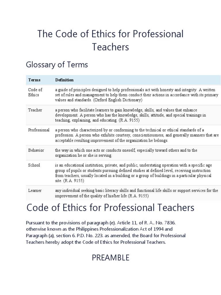 Code of Ethics for Professional Teachers | PDF | Teachers | Profession