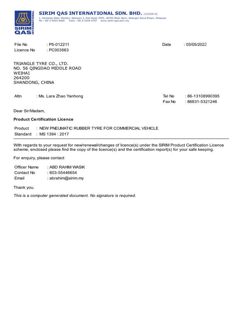 Triangle Tyre Certification Details | PDF | Intellectual Property Law ...