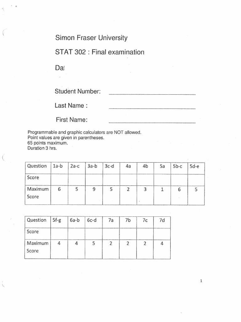 STAT 302-1 Sample Final Exam | PDF