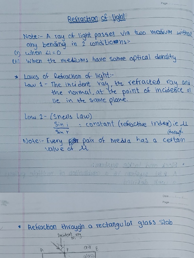 Class 10 Physics Notes Refraction of Light and Lenses Chapter | PDF ...