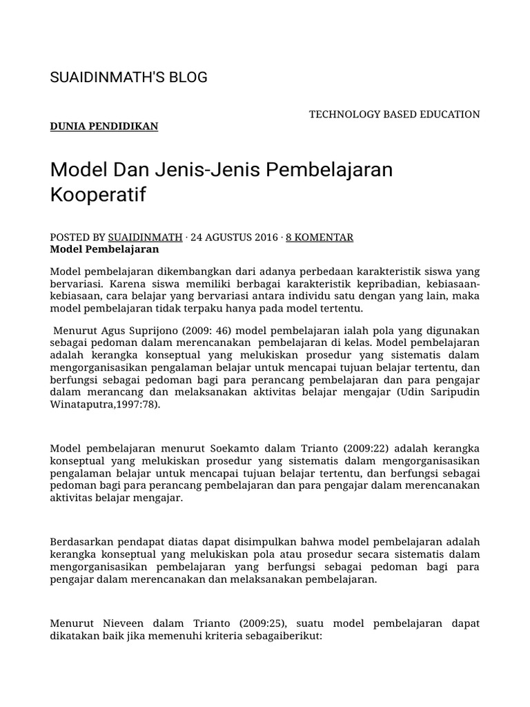 Model Dan Jenis Pembelajaran Kooperatif | PDF