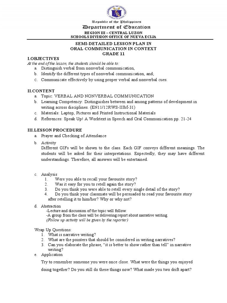 Semi-Detailed Lesson Plan in Oral Communication in Context | PDF ...