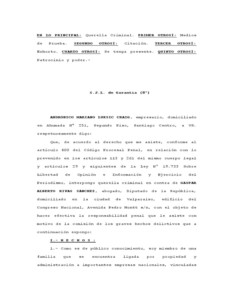 querella por calumnia | PDF | Queja | Derecho penal