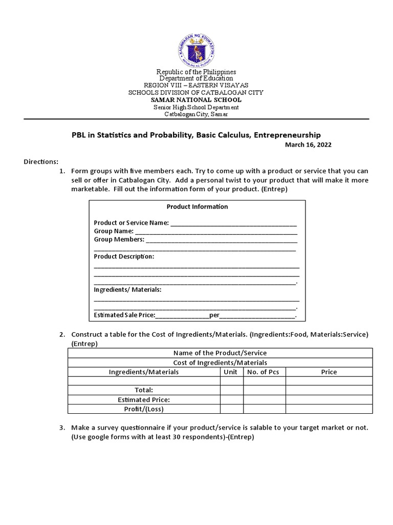 PBL in Statistics and Probability, Basic Calculus, Entrepreneurship ...