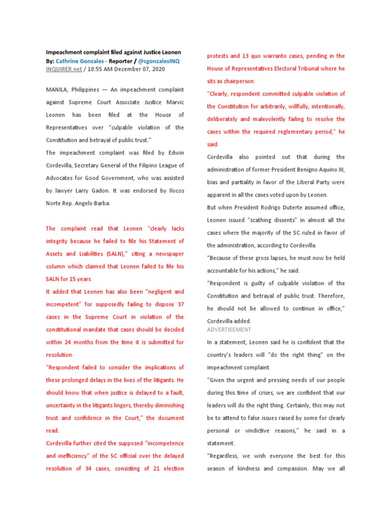 Impeachment Complaint Against Justice Leonen | PDF | Government | Justice