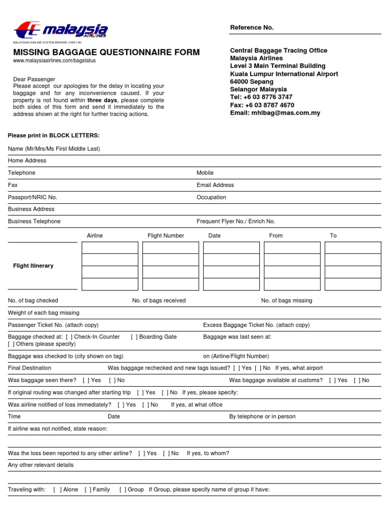 Missing Baggage Questionnaire Form | PDF