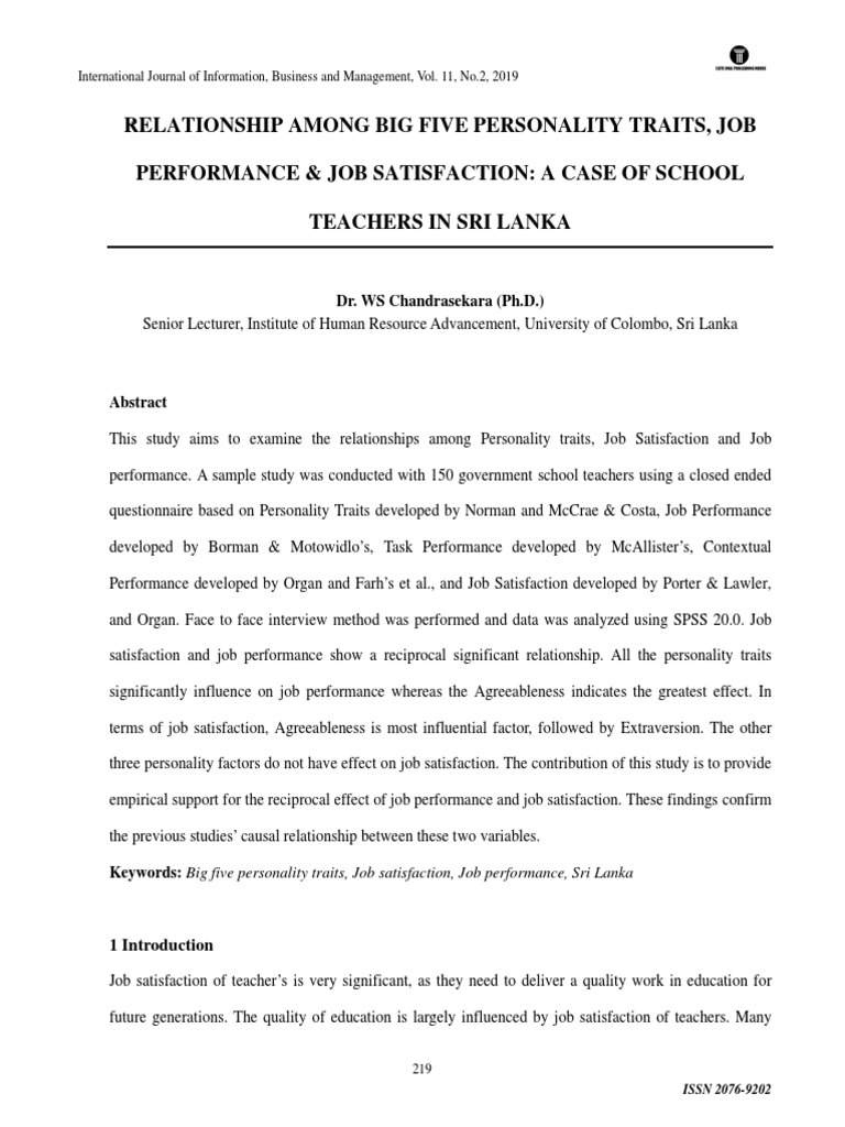 2019 (Chandrasekara) Job Performance Job Satisfaction | PDF | Job ...