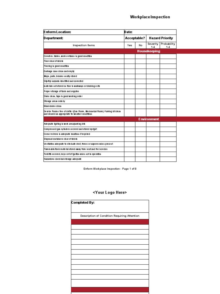 Workplace Inspection Template | PDF | First Aid | Housekeeping