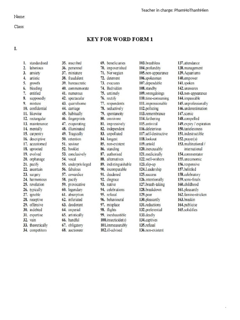 Word Form 1-Key-Đã Chuyển Đổi | PDF