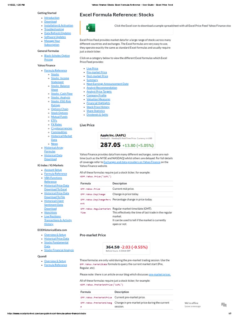 Yahoo Finance Stocks Excel Formula Reference - User Guide - Excel Price Feed | PDF | Financial ...