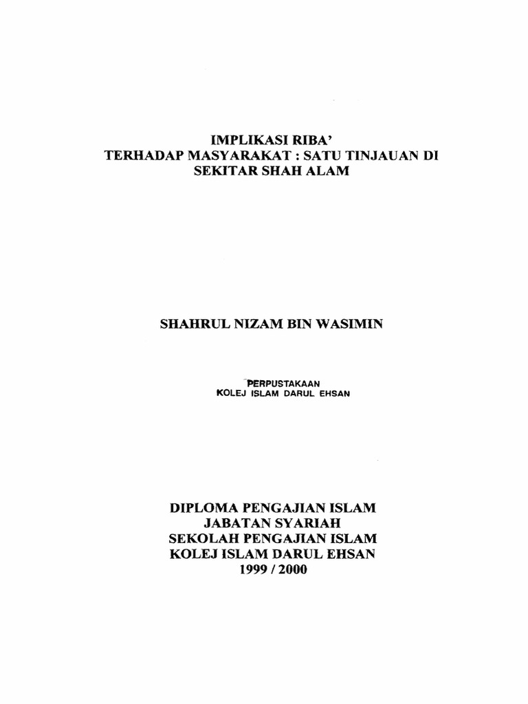 Implikasi Riba' Terhadap Masyarakat: Satu Tinjauan Di Sekit Ar Shah Alam | PDF