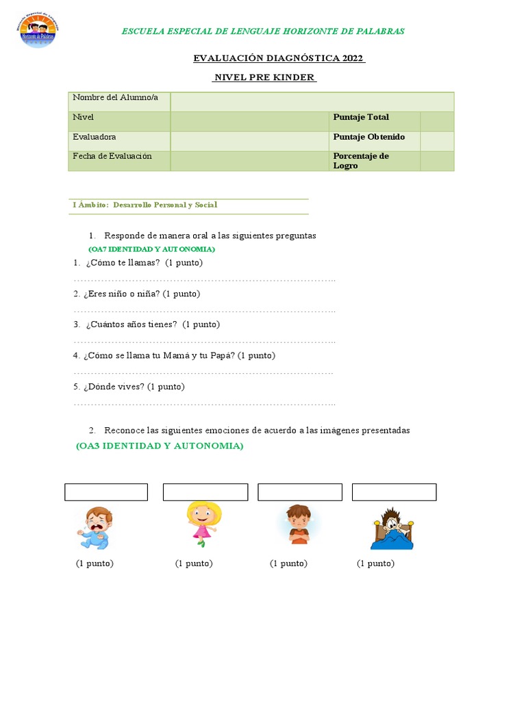 Evaluación Diagnóstica Pre Kinder 2022 | PDF | Educación de la primera ...