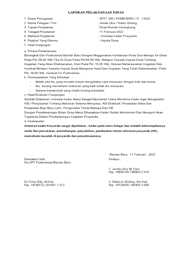 Contoh Laporan Pelaksanaan Dinas | PDF