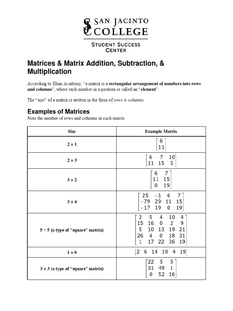 Matrices Addition, Subtraction & Multiplication | PDF | Matrix ...