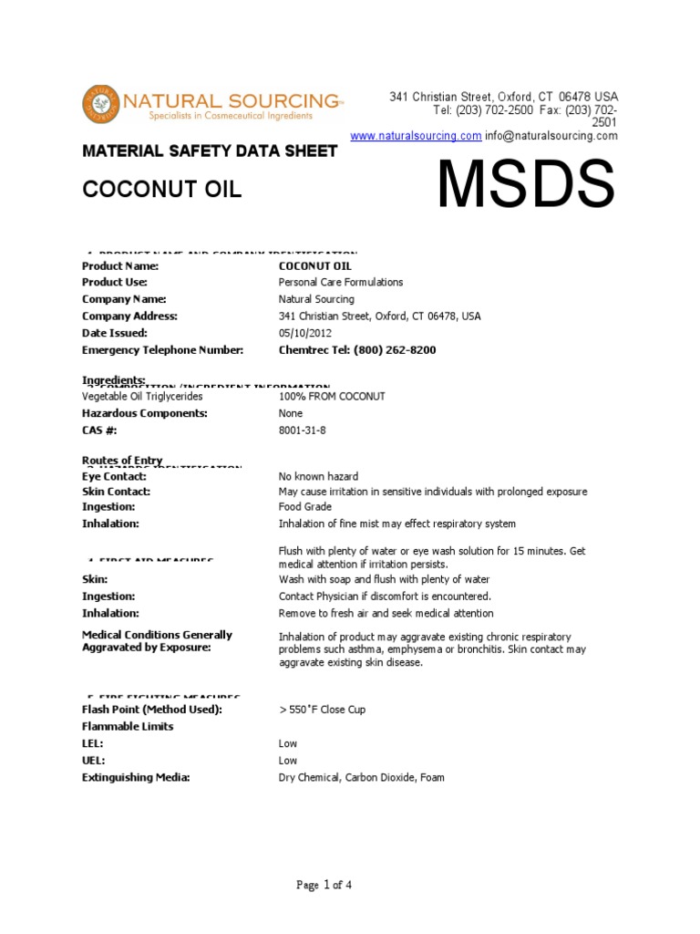 Coconut Oil: Material Safety Data Sheet | PDF