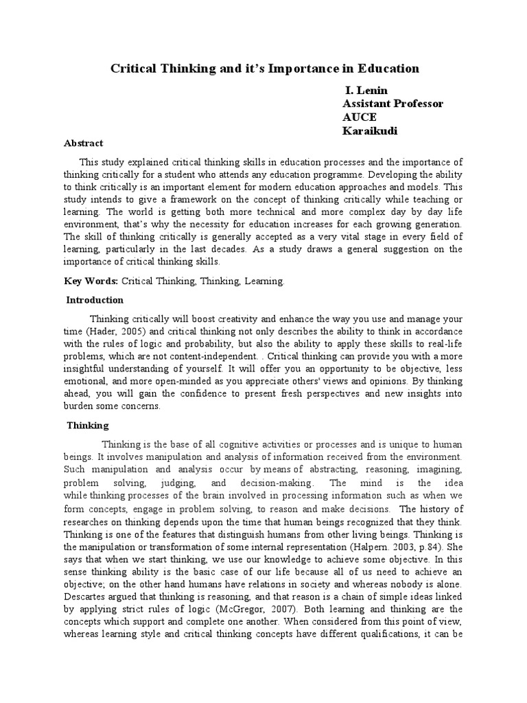 Critical Thinking and It's Importance in Education: I. Lenin Assistant ...