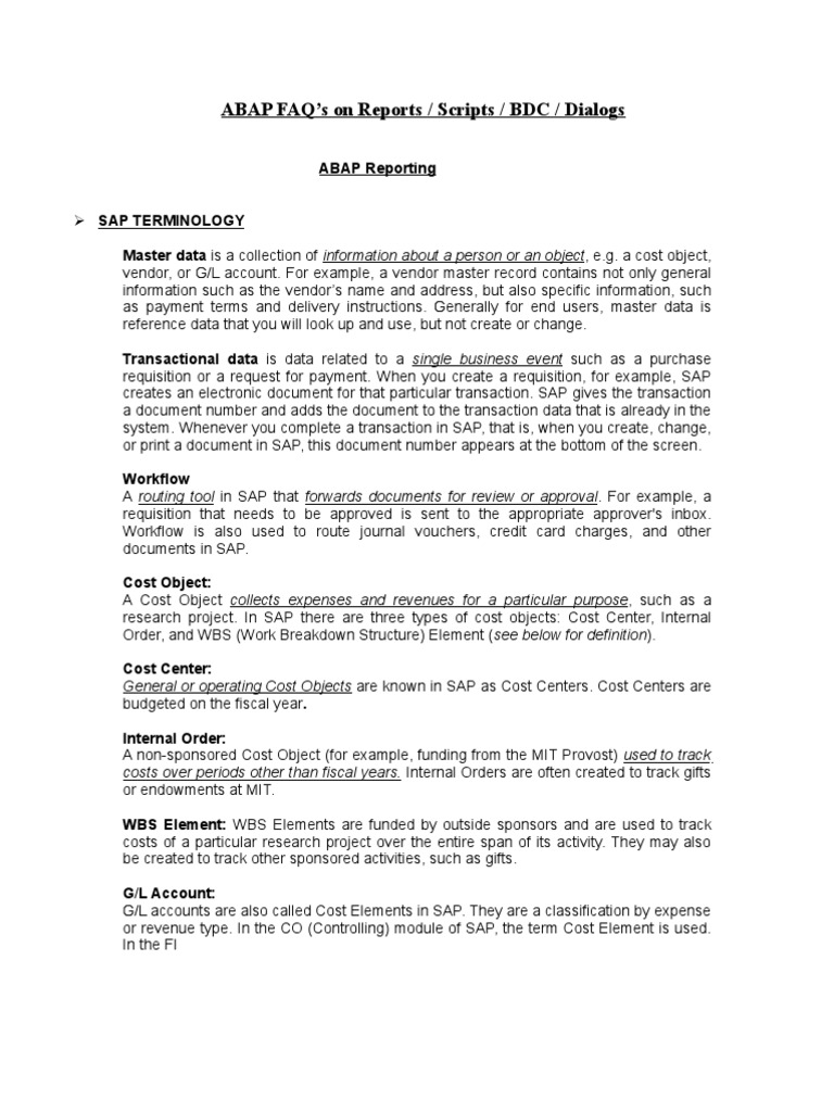 Abap Faqs On Reports Scripts Bdc Dialogs Pdf Subroutine
