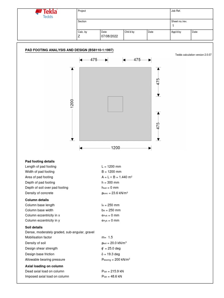 Pad Footing Design 250x250 Col | PDF | Column | Civil Engineering