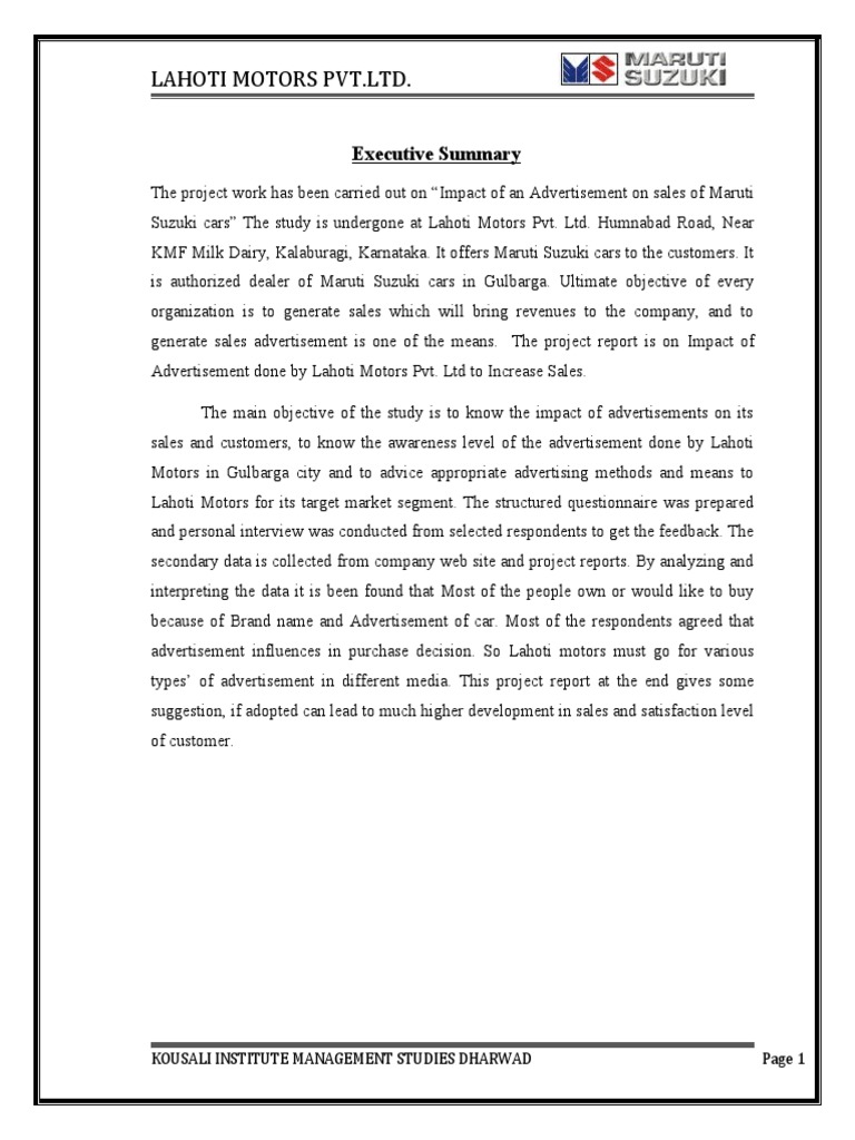 Lahoti Motors PVT - LTD.: Executive Summary | PDF | Advertising ...