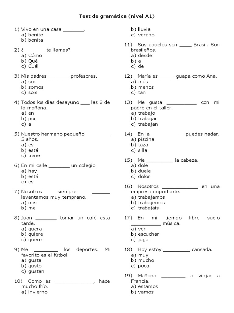 Test de gramática A1 en español | PDF